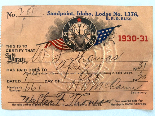 1930 B.P.O.E. ELKS vintage masonic dues card SANDPOINT, IDAHO Lodge No ...