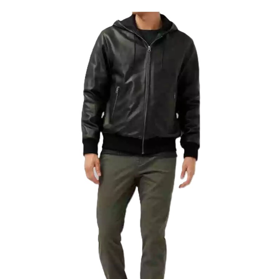 Men's Black Leather Hoodie Jacket Genuine Lambskin Leather Bomber Biker ...