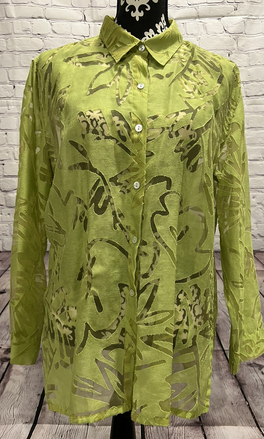 CHICO’S Women’s Lime Green Button Up Floral Semi Sheered Collared LS ...
