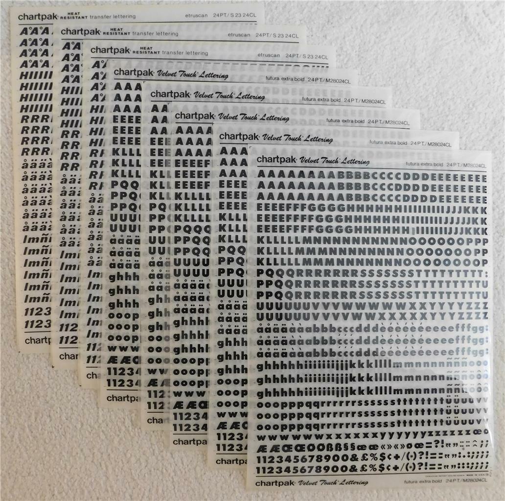 Vintage CHARTPAK Heat Resistant Transfer Lettering 8 NEW SHEETS Rub-On ...