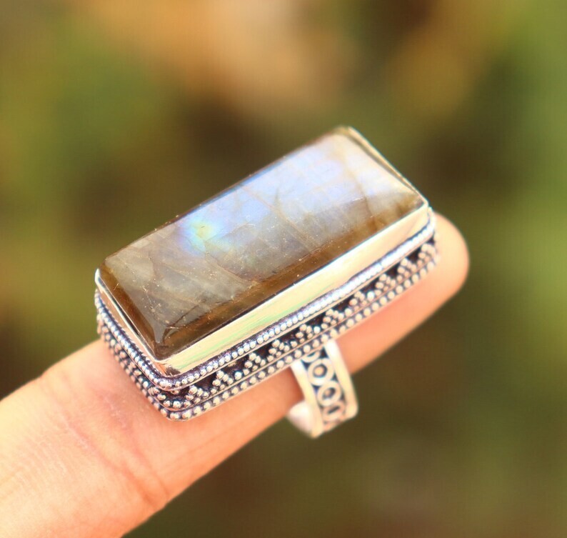 925 Sterling Silver Fire Labradorite Rectangle Gemstone Ring Statement ...