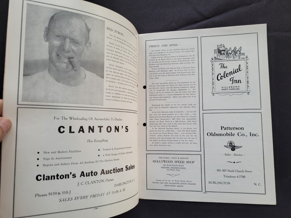 1949 NASCAR Occoneechee Speedway Strictly Stock Program, Bob Flock Win ...
