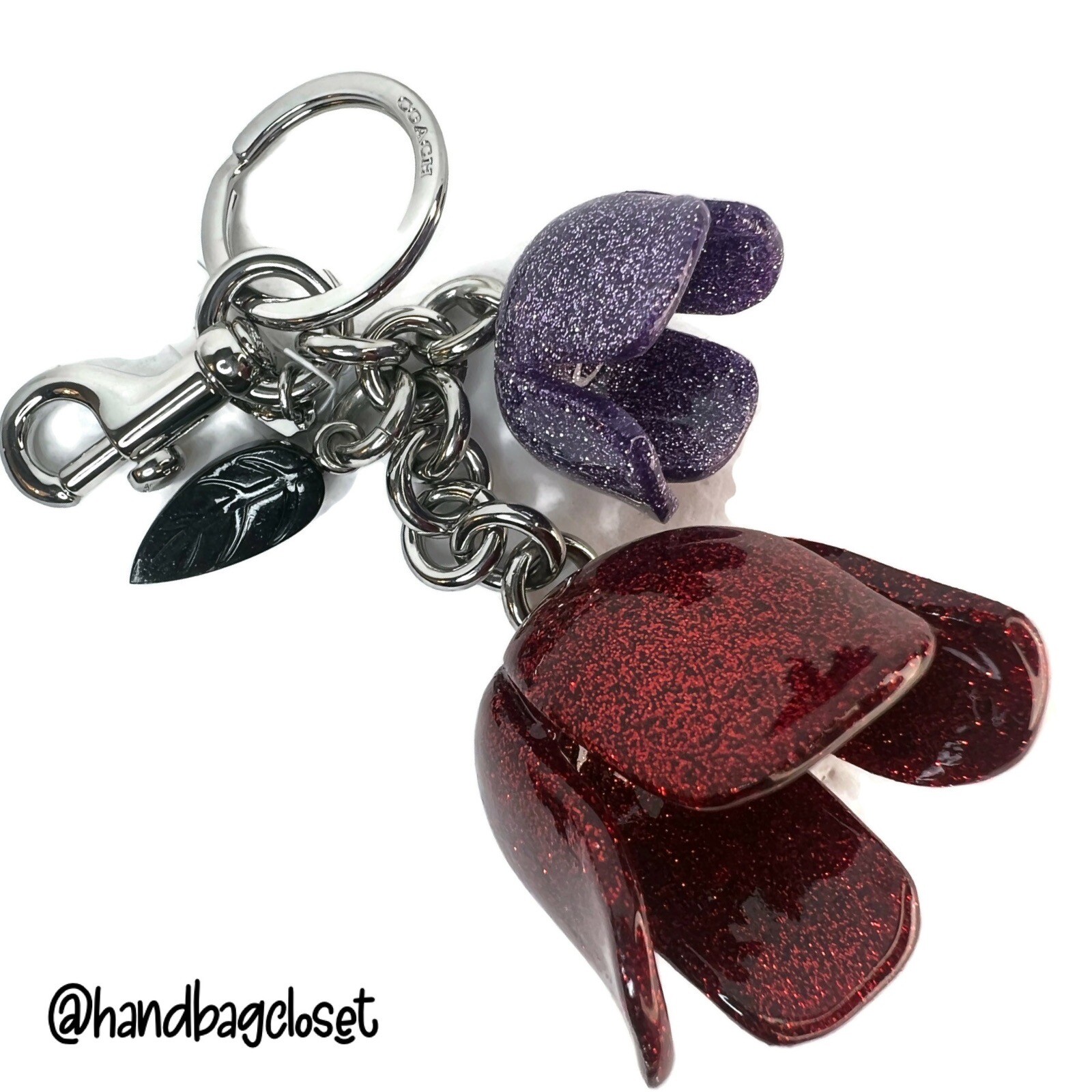 COACH GLITTER RESIN TEA ROSE BAG CHARM F58514 SILVER RED PURPLE TULIP ...