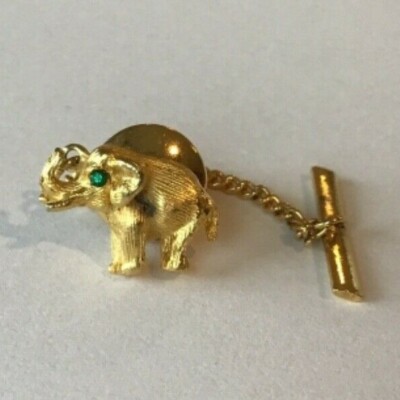 Vintage Gold Tone Figural Elephant with Green Rhinestone Eye Tie Tack ...