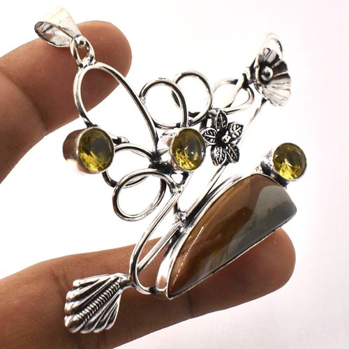 Norina Jasper Lemon Topaz Gemstone Silver Plated Jewelry Pendant 2.3 ...