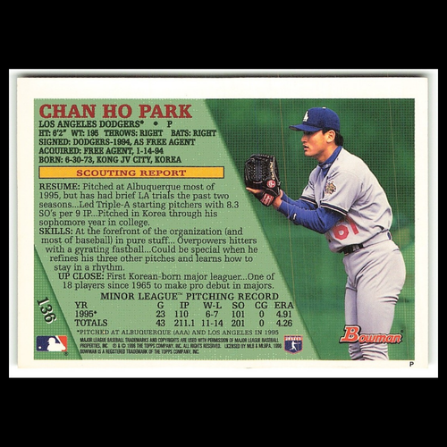 Chan Ho Park Rookie #136 1996 Bowman Los Angeles Dodgers Baseball Card ...