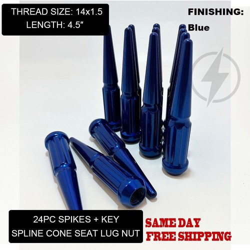 24 Blue 14x1.5 Spline Spike Lug Nuts For Chevy GMC Silverado Sierra ...