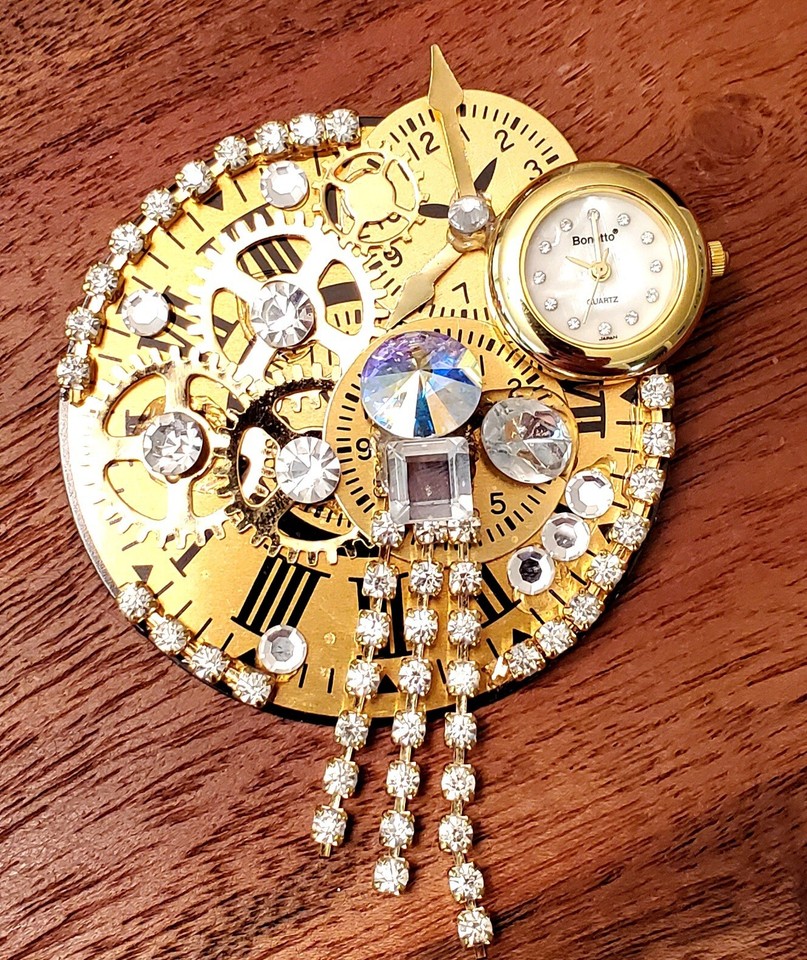 Bonetto Watch Brooch Rhinestones Clock Gears Steampunk Style | eBay