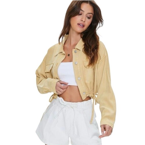 Forever 21 Cropped Drawstring Twill Jacket Size M Button Front Light Yellow | eBay