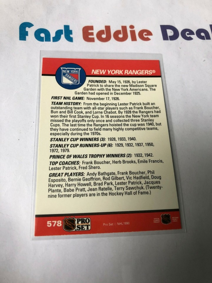 PRO SET NHL HOCKEY 1990 NEW YORK RANGERS TEAM FACTS CARD 578 EXCELLENT ...