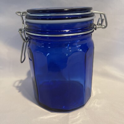 VTG Cobalt Blue Glass Storage Jar Canister Airtight Locking Hinge Lid 5 ...