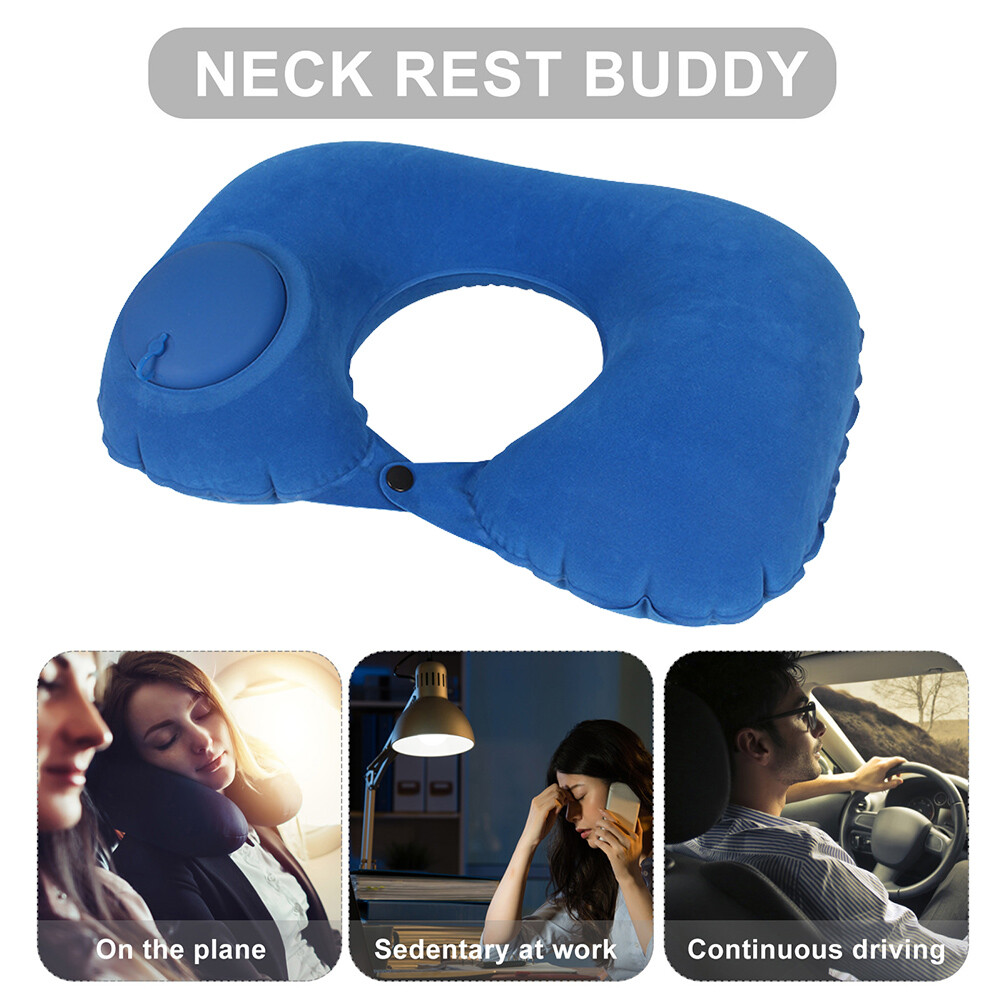 U Shape Travel Pillow Press Air Inflatable Airplane Neck Cushion (Blue ...
