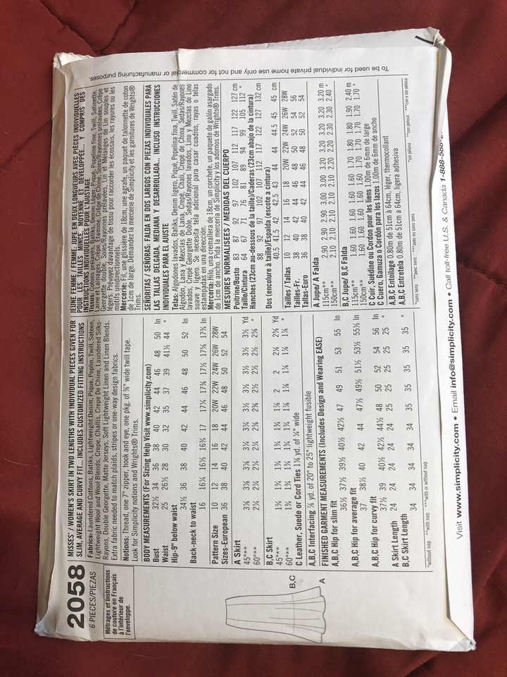 Simplicity 2058 Sz 20W-28W Skirt Various Lengths/Styles Sewing Pattern ...