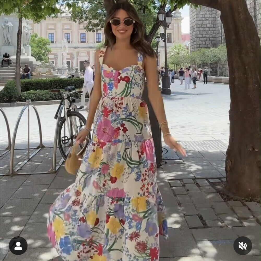 Zara floral print dress tiered maxi multicolor white pink Zara floral print dress tiered maxi multicolor white pink