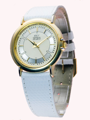 GQI GENEVA:WOMEN'S GENUINE WHITE LEATHER BAND ROUND GOLD FACE ANALOG ...