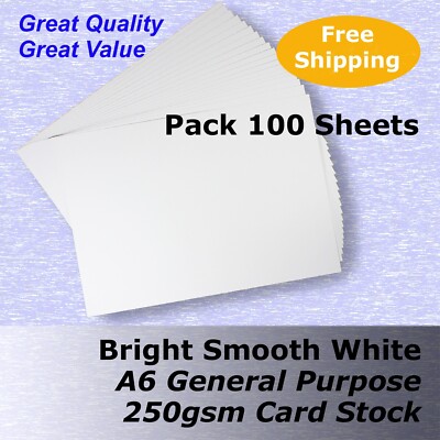 100 Sheets Bright WHITE SMOOTH A6 Size 250gsm General Purpose Card ...