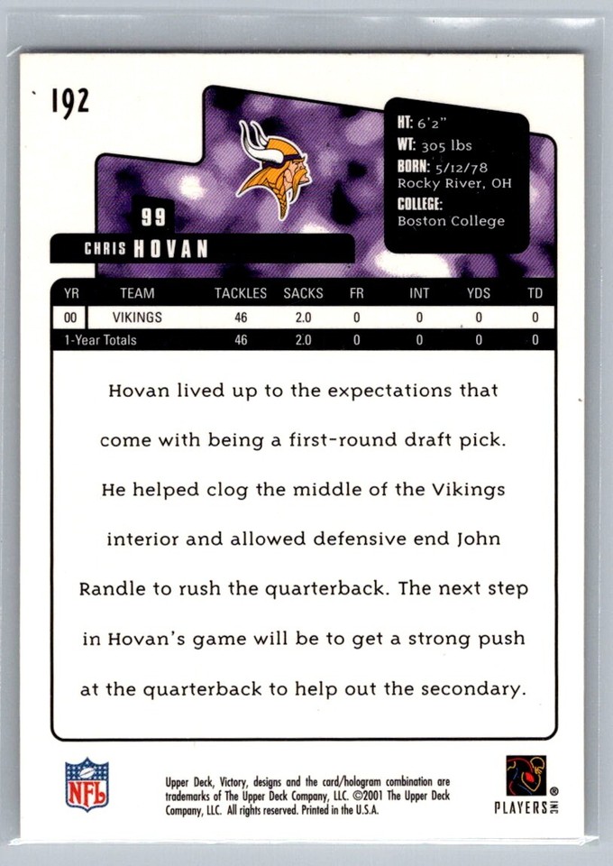 2001 Upper Deck Victory #192 Chris Hovan AUTOGRAPHED WITH PEN, NO COA ...