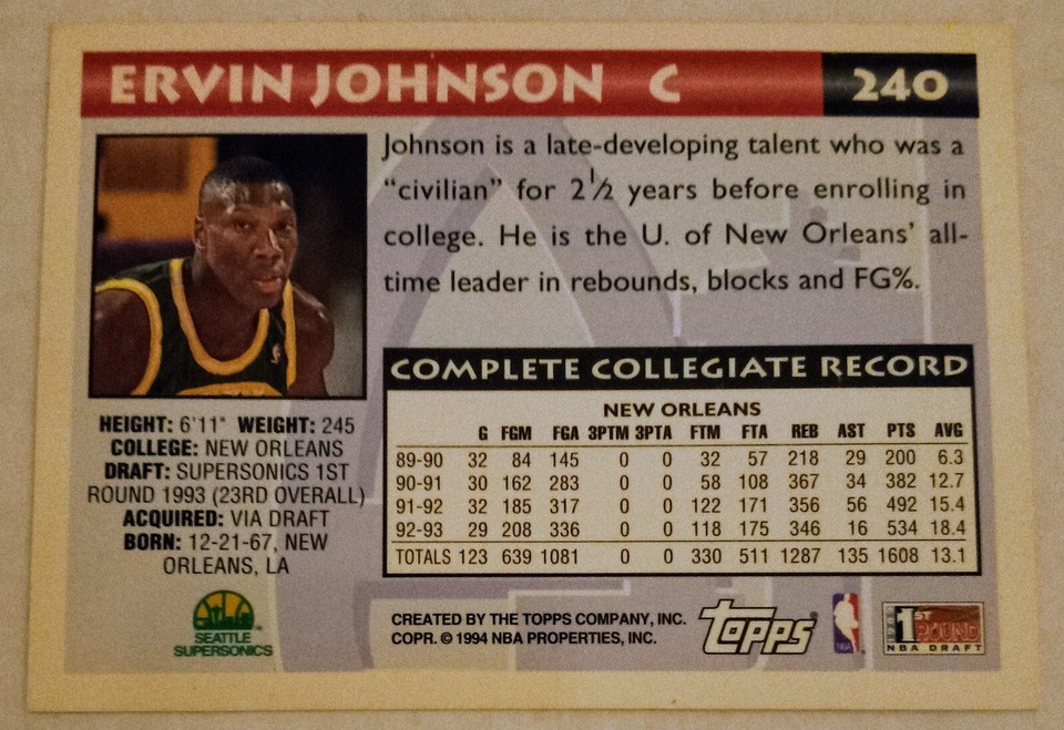 1993-94 Topps #240 Ervin Johnson (RC) Seattle Supersonics | eBay