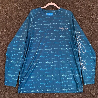 Fishing Life Shirt Mens XL Blue Fish Tee Swordfish Marlin Long Sleeve ...
