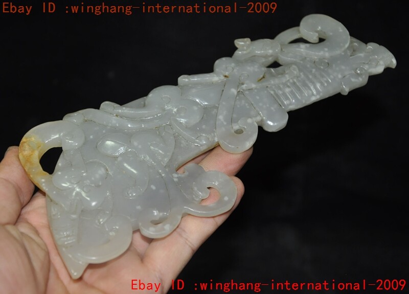 8"China dynasty Hetian jade carved animal Han Dragon statue arms Knife ...