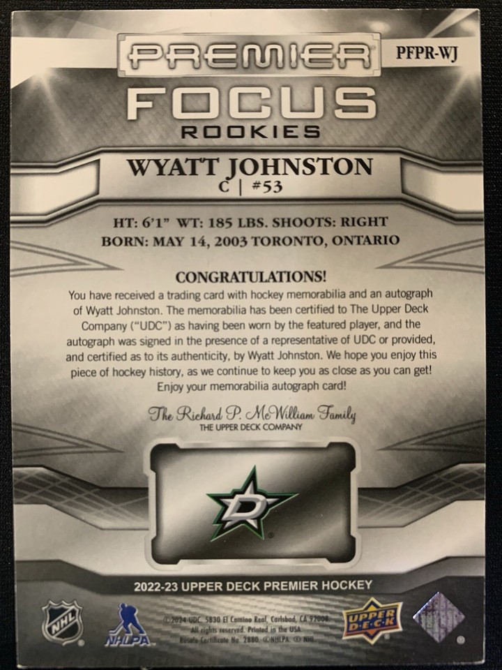 2022-23 UD PREMIER FOCUS ROOKIES AUTO PATCH WYATT JOHNSTON 028/125 #PFPR-WJ | eBay