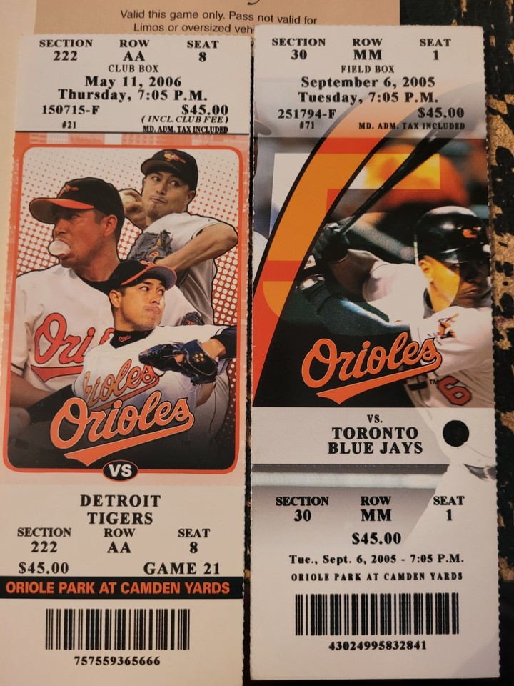 6pc lot Baltimore Orioles ticket stub,schedule,parking pass | eBay
