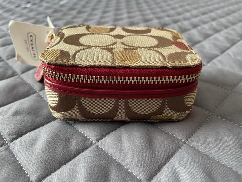 Coach Khaki Camel with Red Signature Canvas Triple Pill Box Travel Case ...