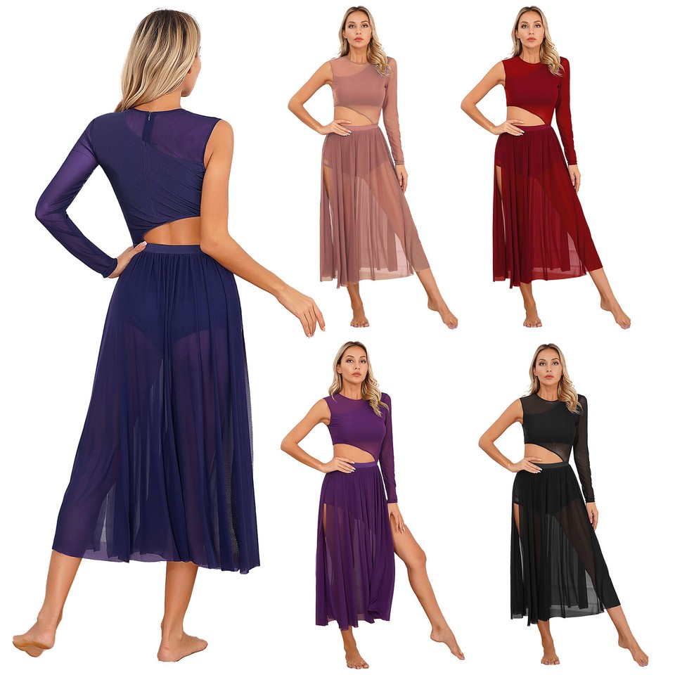 Womens Lyrical Dance Costume Long Sleeve Modern Dance Dress Patchwork ...