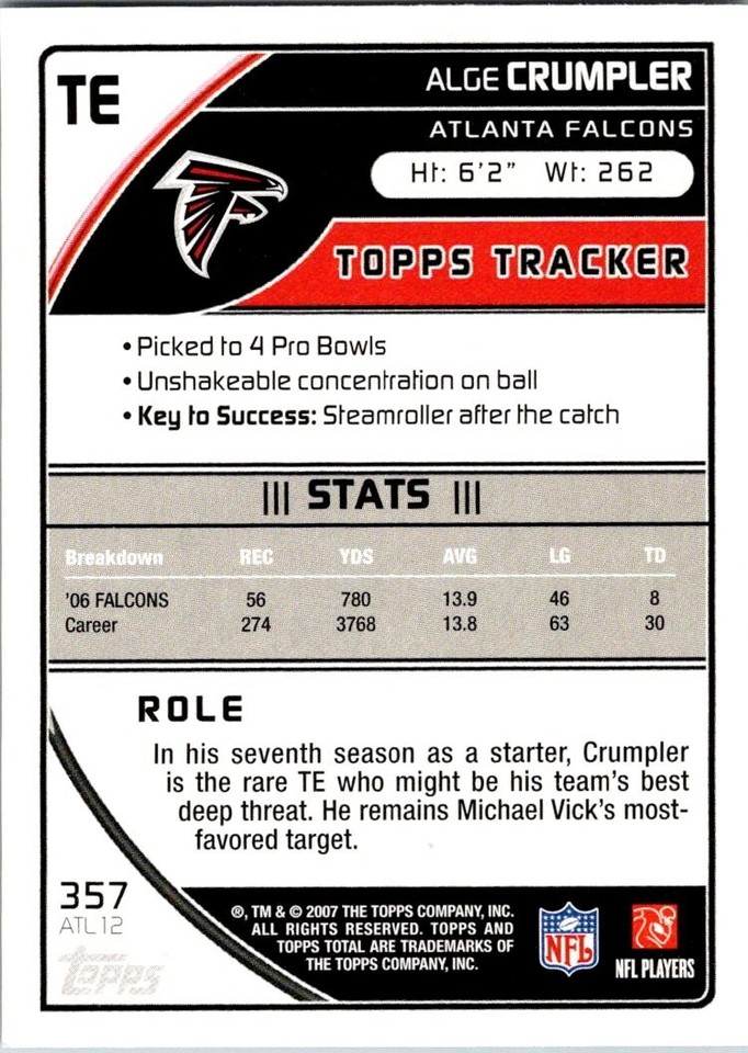 2007 Topps Total Alge Crumpler #357 Atlanta Falcons Football Card | eBay