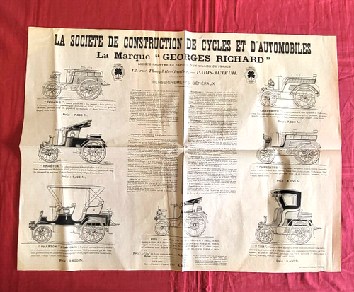 automobile Georges RICHARD grand dépliant affichette de la production ...