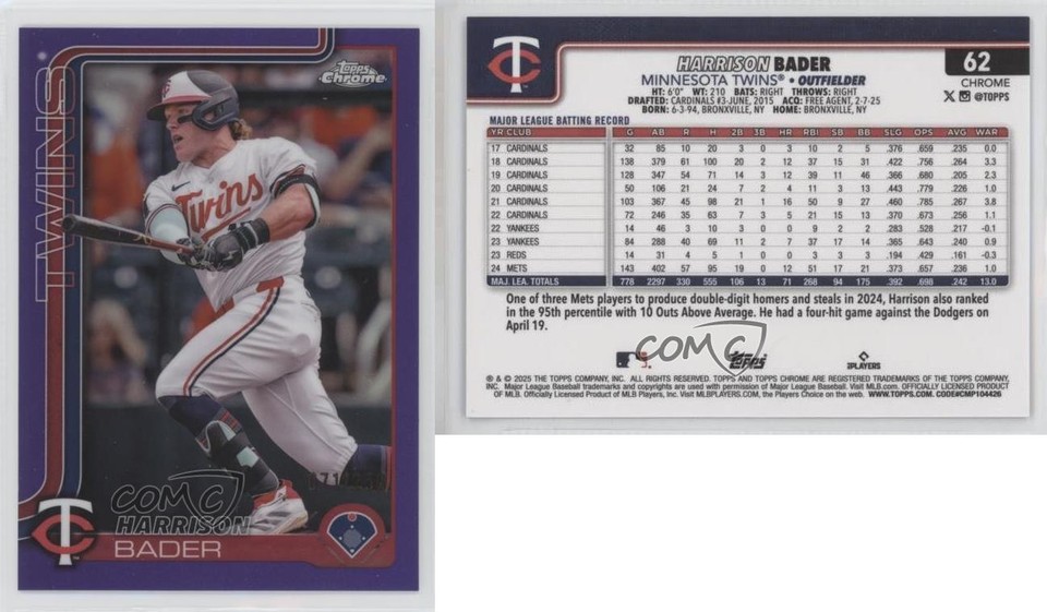 2025 Topps Chrome Purple Refractor /250 Harrison Bader #62 16dn | eBay