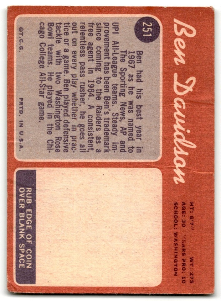 1970 TOPPS BEN DAVIDSON OAKLAND RAIDERS #251 | eBay