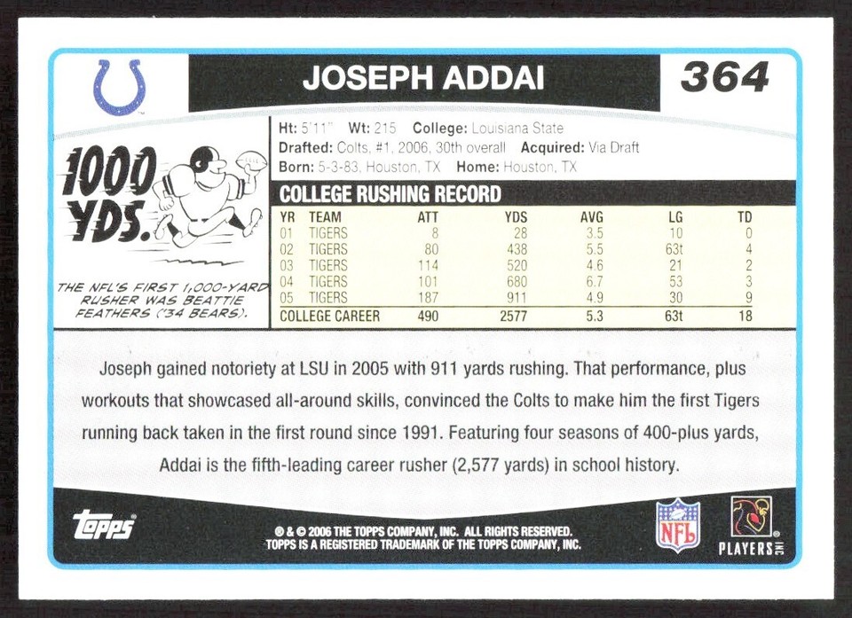 2006 4818B Topps Joseph Addai Rookie Indianapolis Colts #364 | eBay