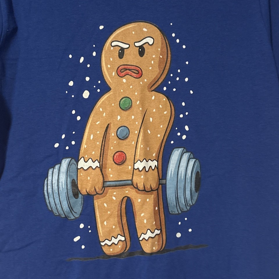 Christmas Workout Shirt, Women’s Cut M. Blue W/gingerbread & Barbell ...