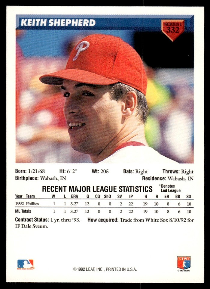 1993 Donruss Baseball Card Keith Shepherd Philadelphia Phillies #332 | eBay