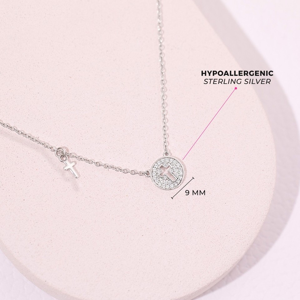 925 Sterling Silver Clear Small Cross Medal Cubic Zirconia Necklace for ...