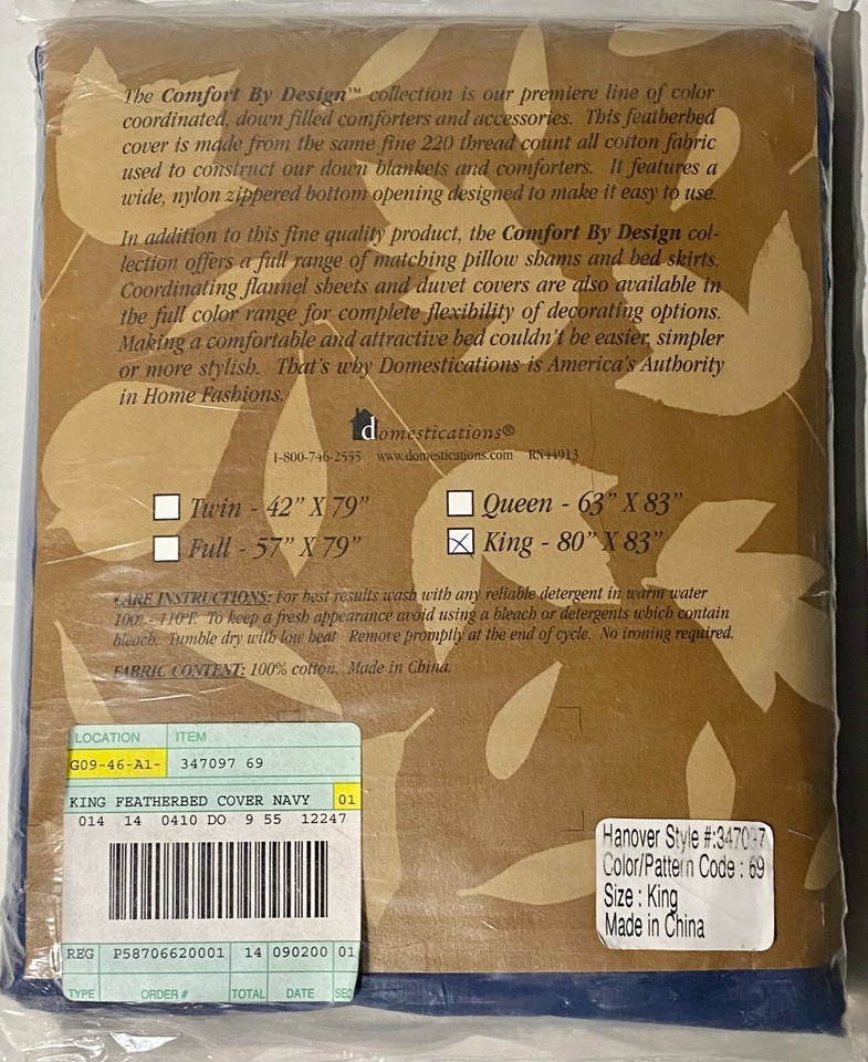 NIP Comfort by Design King 80" x 83" BLUE Featherbed Cover Zipper ...