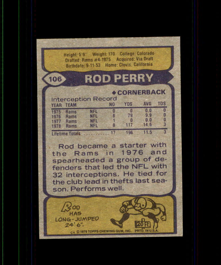 1979 TOPPS FOOTBALL CARD LOS ANGELES RAMS #106 ROD PERRY WELL CENTERED ...