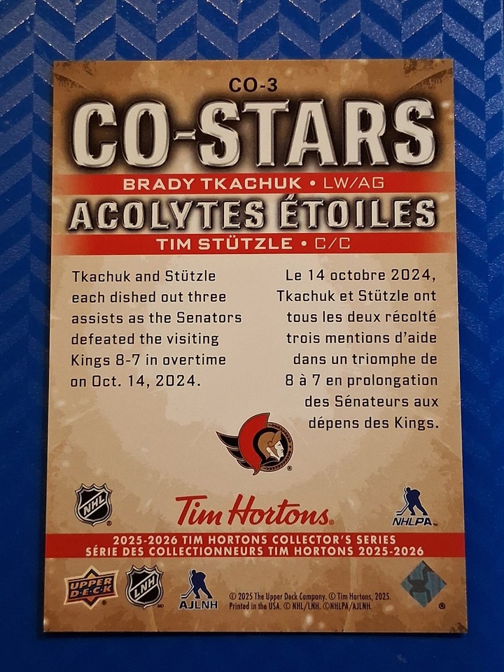 2025-26 UPPER DECK TIM HORTONS Co-Stars #CO-3 Brady Tkachuk Tim Stutzle ...