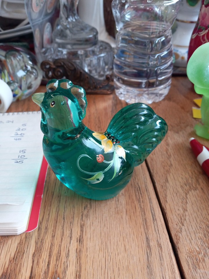 Fenton Art Glass Handpainted Chicken Rooster Green W Sunflowers Signed ...