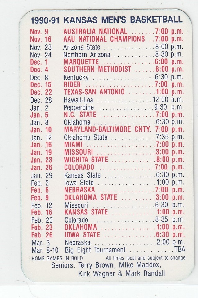 1990-91 Kansas Jayhawks Basketball TEAM SCHEDULE CARD - Mark Randall ...