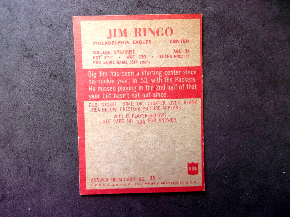 1965 PHILADELPHIA #138 JIM RINGO..NO CREASES..PHILADELPHIA EAGLES ...