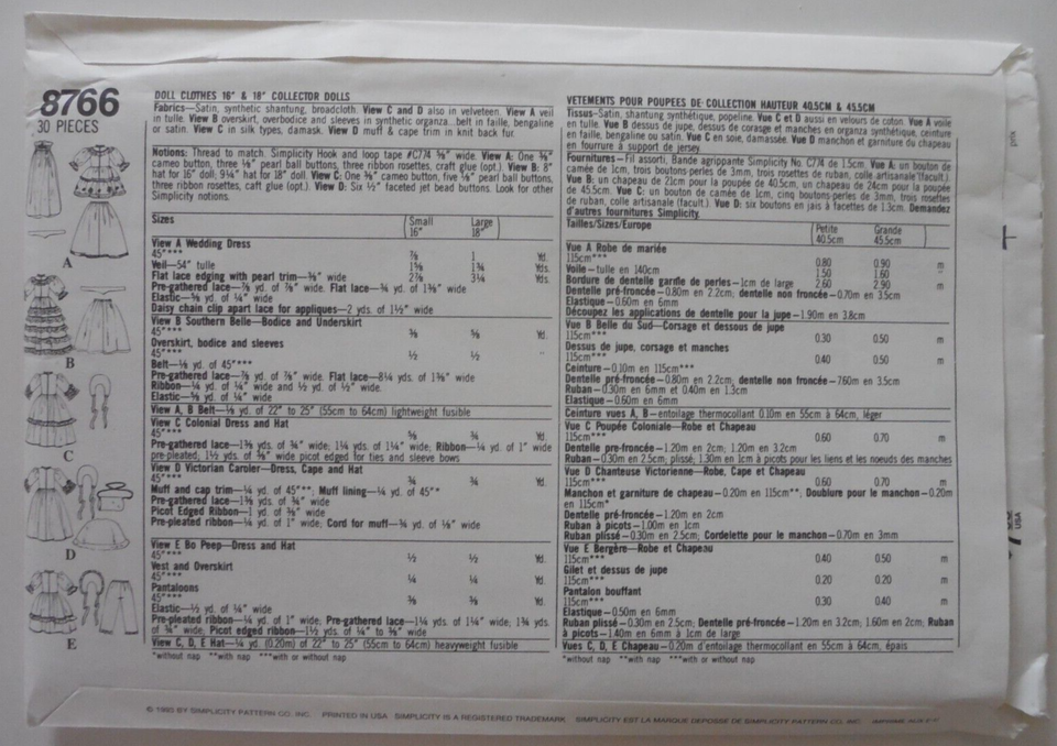 Simplicity Crafts Sewing Pattern #8766, Size 16" & 18" Tall Doll ...