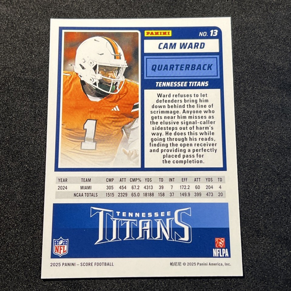 CAM WARD Rookie Card 2025 Panini Score Footbalk NFL #13 Titans | eBay