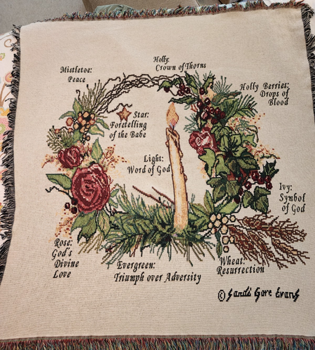 Vtg Religious Christmas Tapestry Throw Sandi Gore Evans Wreath, candle ...