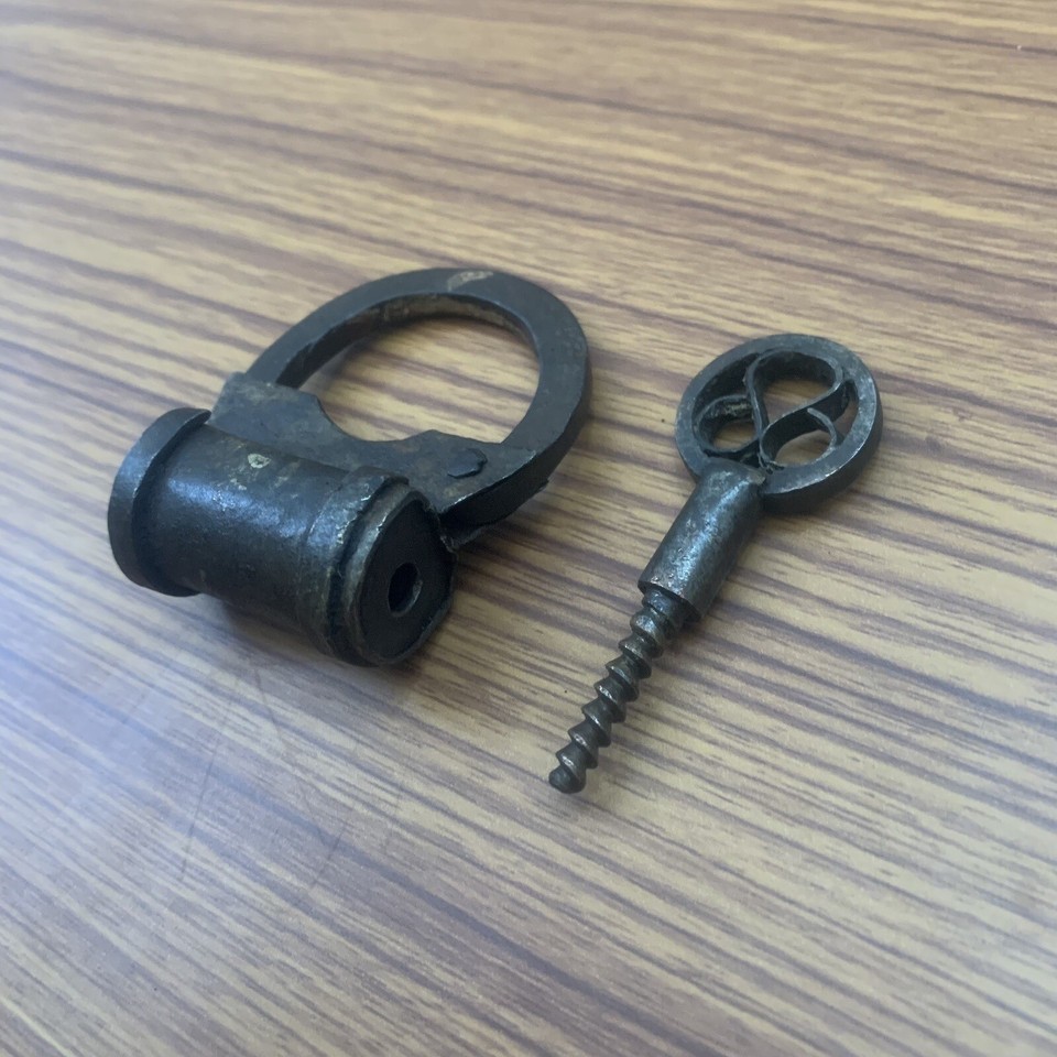 Antique or old Iron SCREW TYPE padlock or lock w/ key small or ...