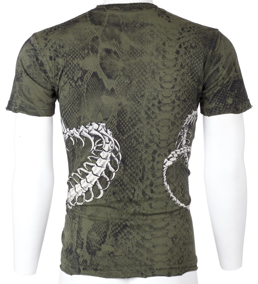 $58 AFFLICTION Military Green SKELETAL SNAKE Short Sleeve Slim Fit Y2K ...