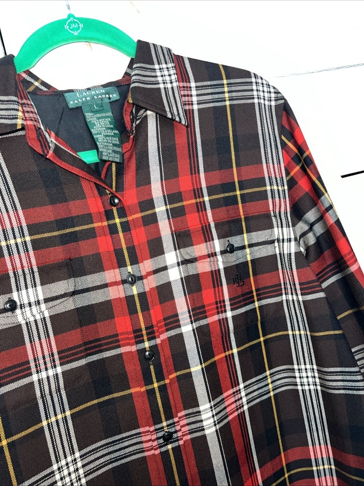Vintage Ralph Lauren Brown Yellow Red Plaid Worsted Wool Button Down | eBay