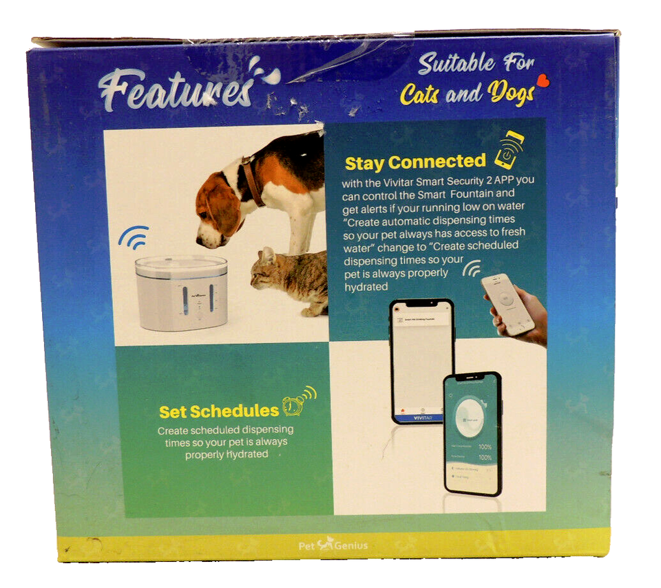 Pet Waterer Smart Fountain w/ WiFi / Pet Genius 2 liter cat dog filter ...