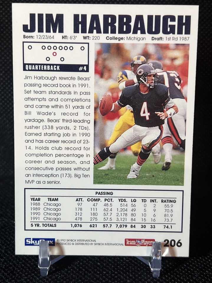 1992 SkyBox Impact Football Card #206 Jim Harbaugh | eBay